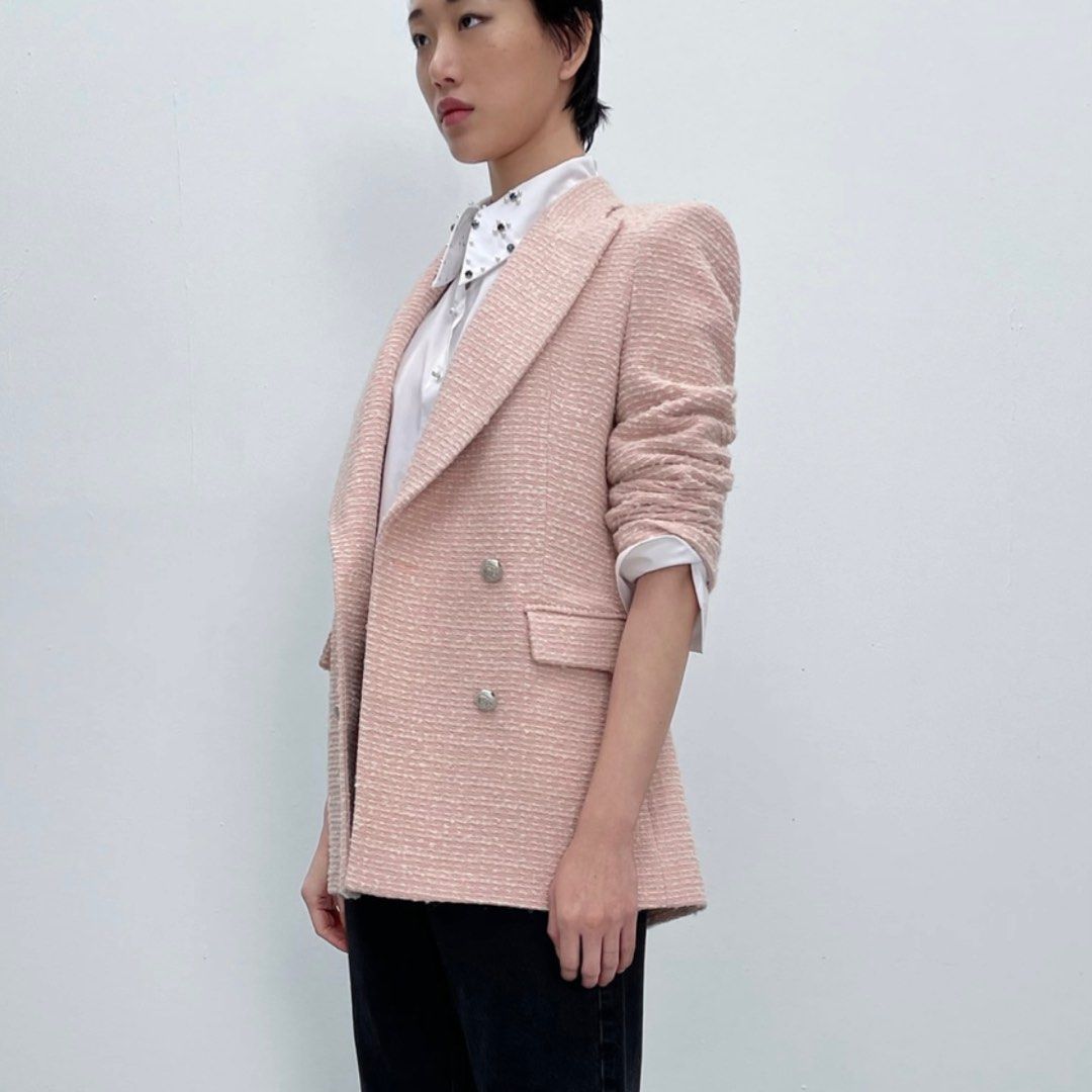 Zara Pink Textured Double-Breasted Blazer, Women's Fashion, Coats ...