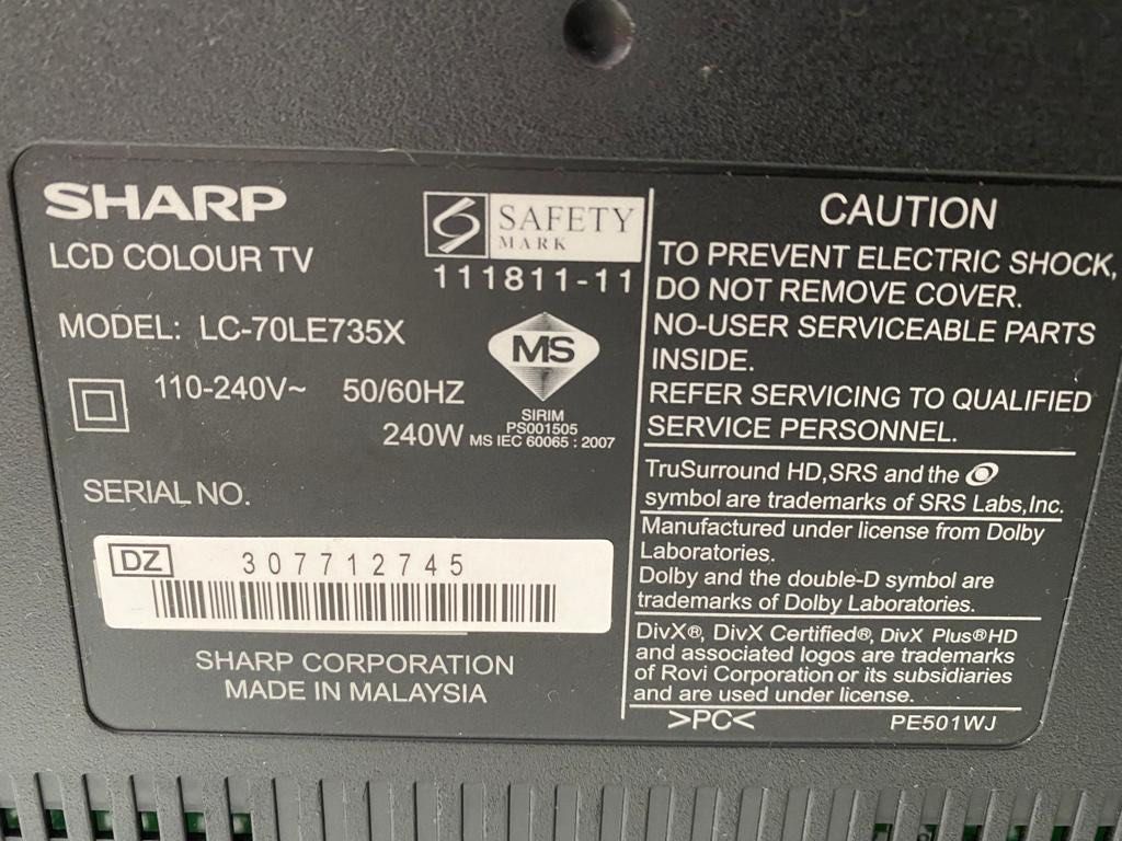 70 inch SHARP LCD TV (Lc-70le735x), TV & Home Appliances, TV ...