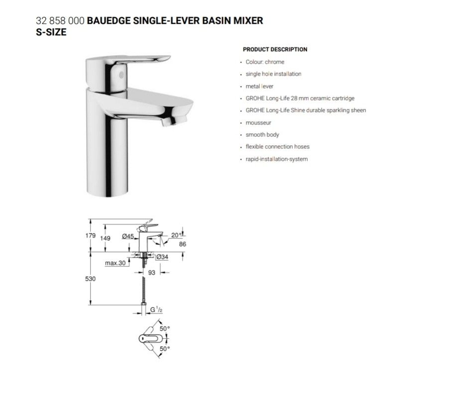 GROHE Bauedge Single-lever Basin Mixer, Furniture & Home Living ...