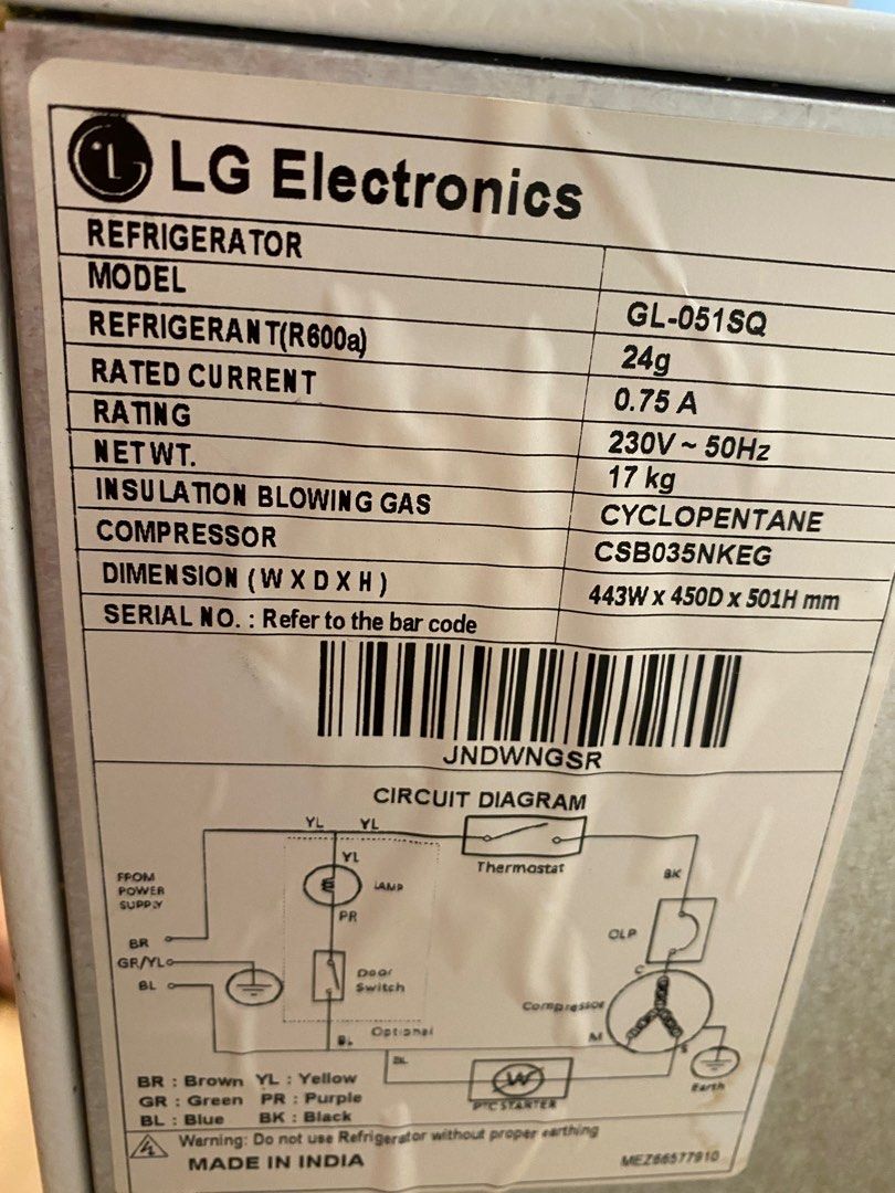 LG mini fridge/LG bar fridge ( GL-051SQ), TV & Home Appliances, Kitchen ...