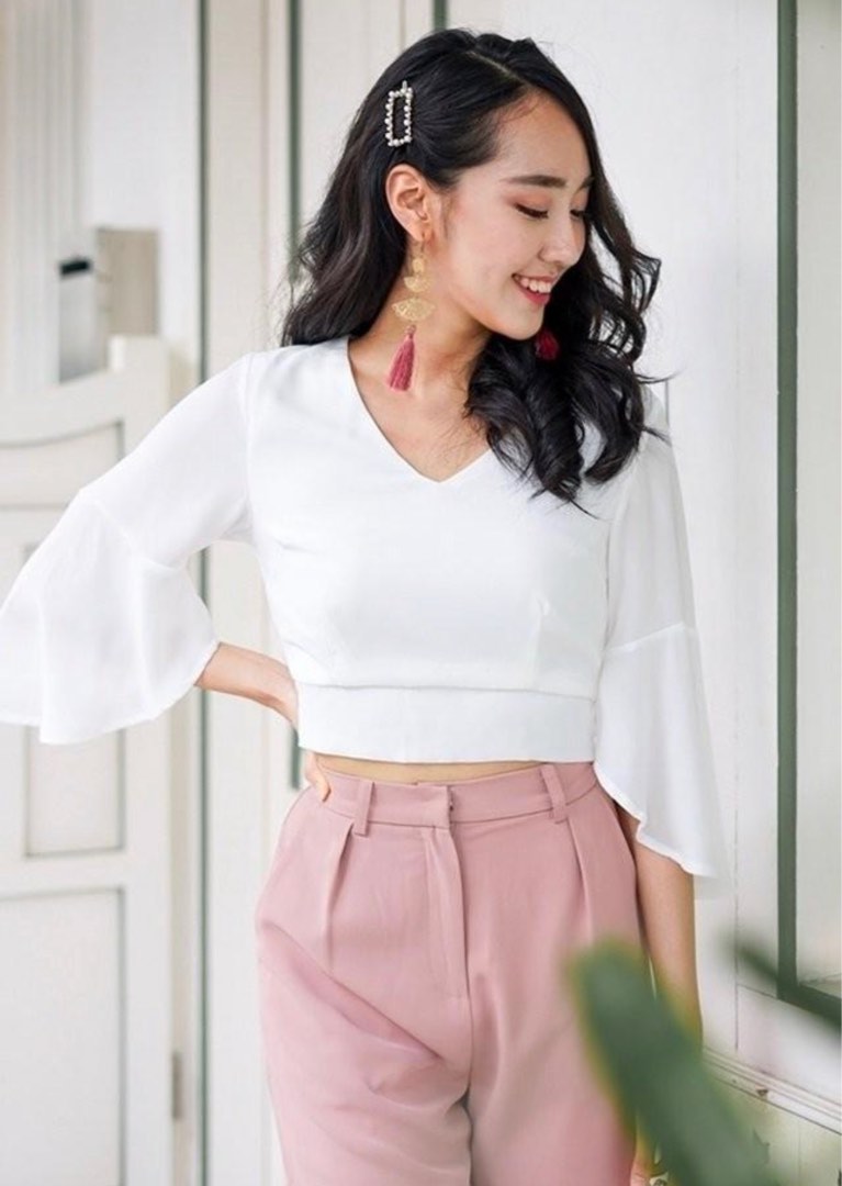Lovet Esme Basic Bell Sleeve Top - White, Women's Fashion, Tops, Blouses on Carousell