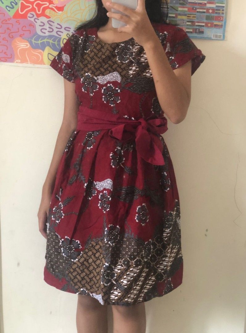 Red batik dress / dress batik cantik / atasan batik / mini dress batik ...