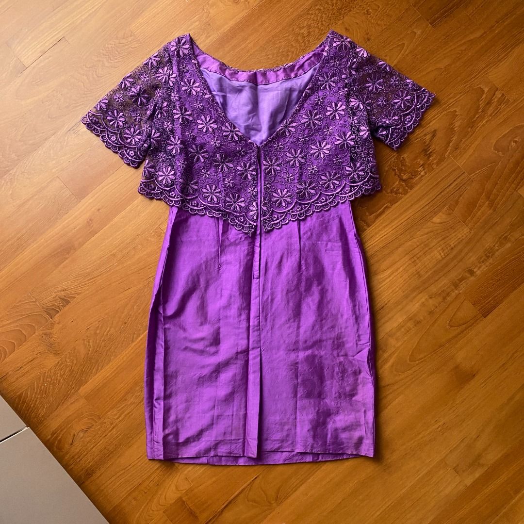 Vintage 1980s Purple Floral Lace Capelet Dress, Women's Fashion, Dresses & Sets, Dresses on ...