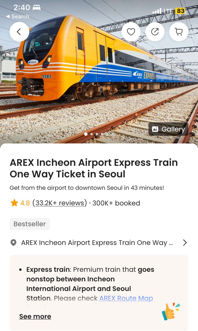 2x AREX Ticket (Seoul Station to Incheon Airport), Tickets & Vouchers, Local Attractions ...