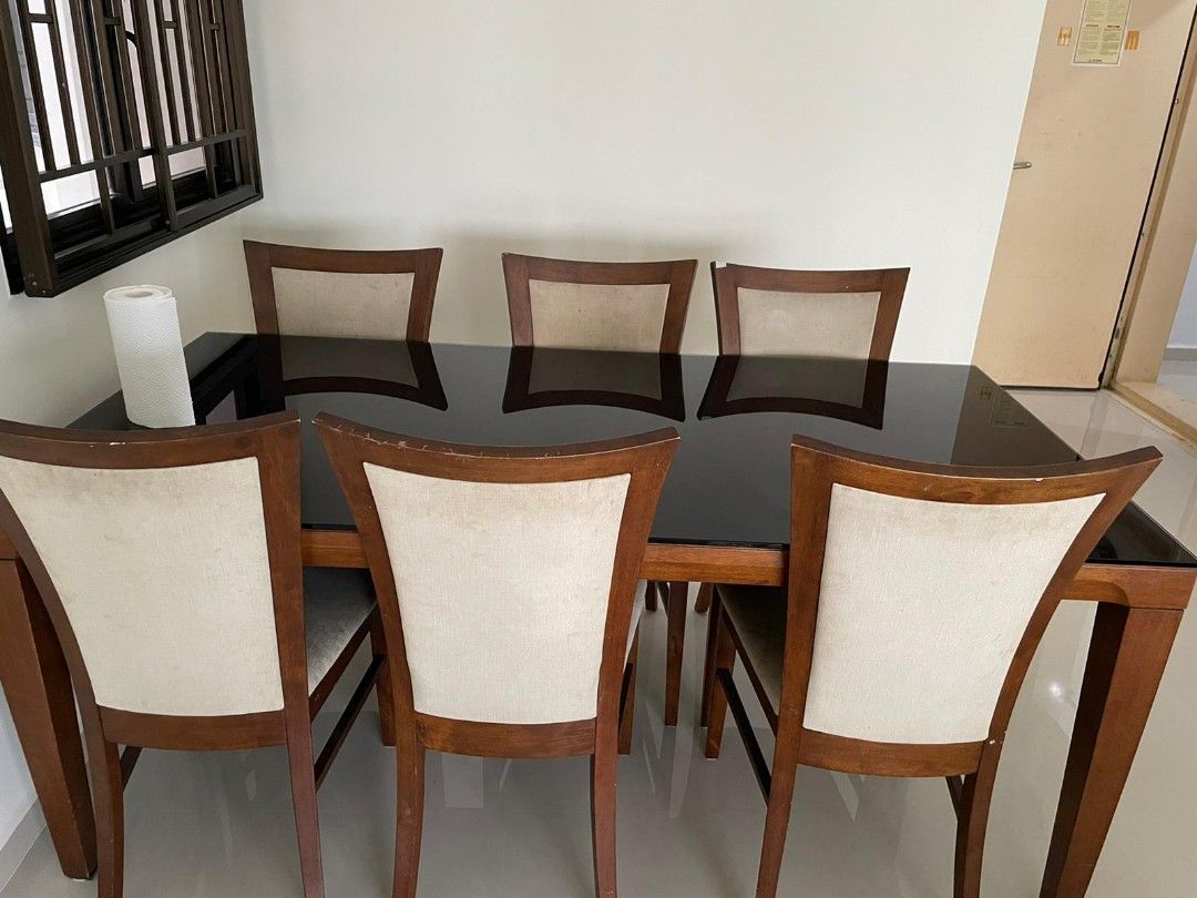 Elegant Family Dining Table solid wood with Glass Top and 6 Chairs ...