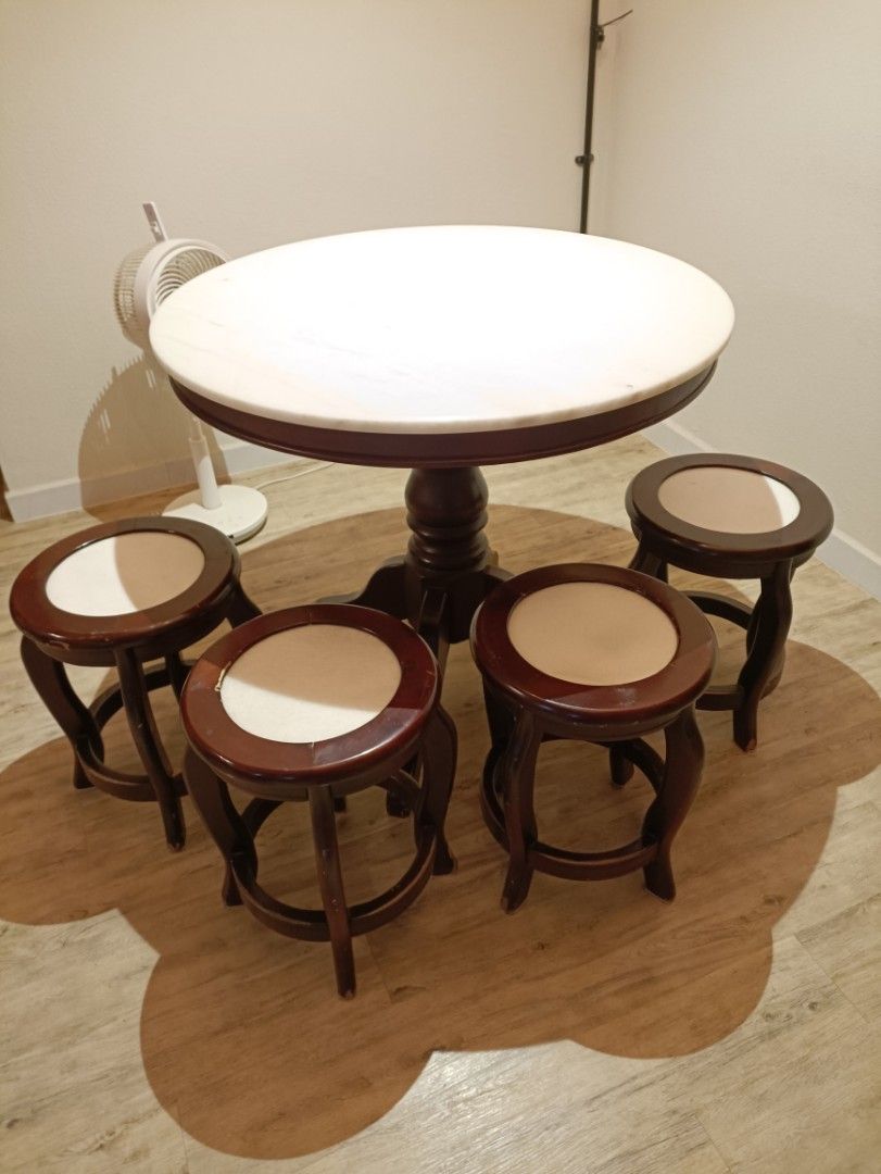 Kopitiam Vintage Marble Table & Stools Set, Furniture & Home Living ...