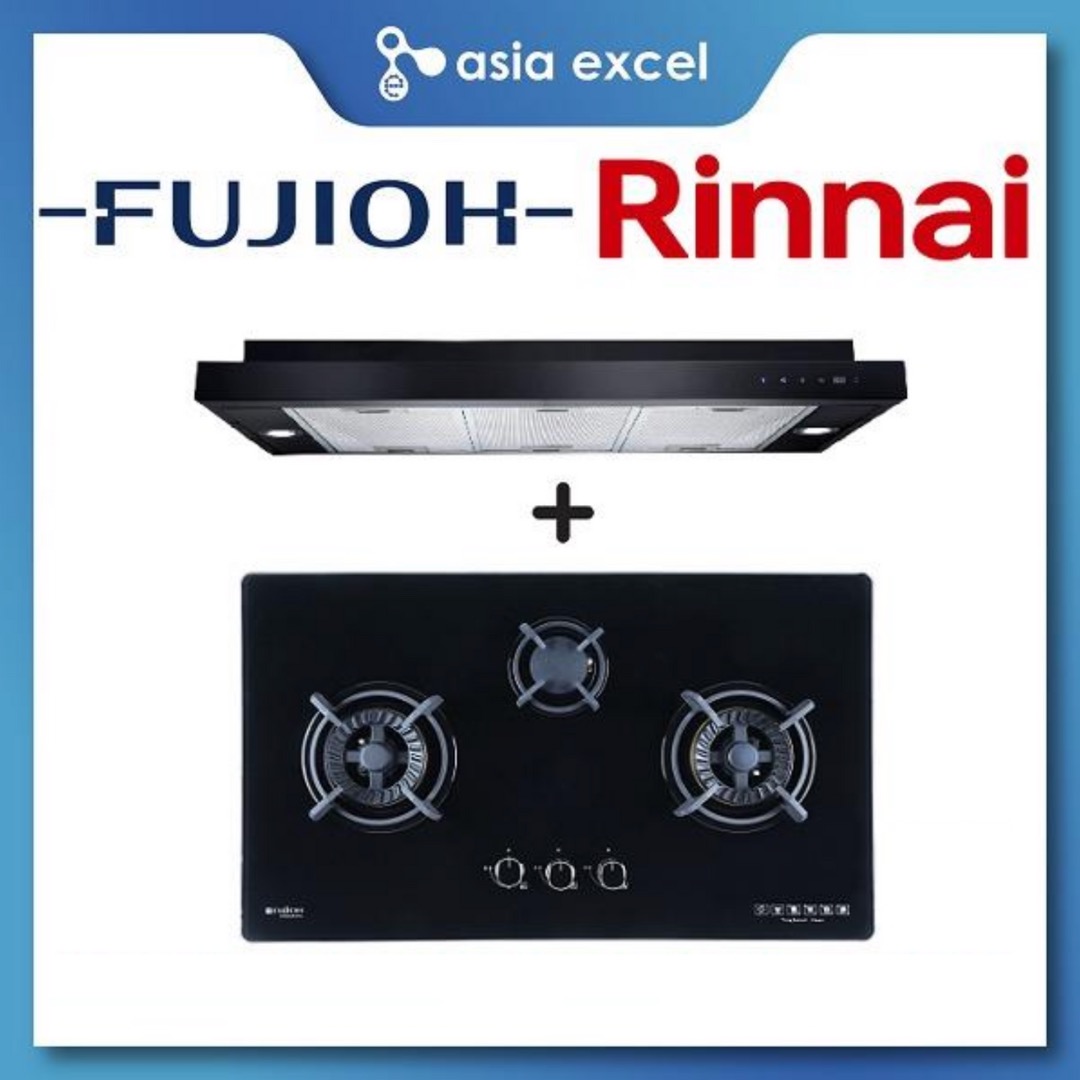RINNAI RH-S329-PBR-T 90CM BLACK SLIMLINE HOOD + FUJIOH FH-GS5530 SVGL 3 BURNER GLASS GAS HOB, TV ...