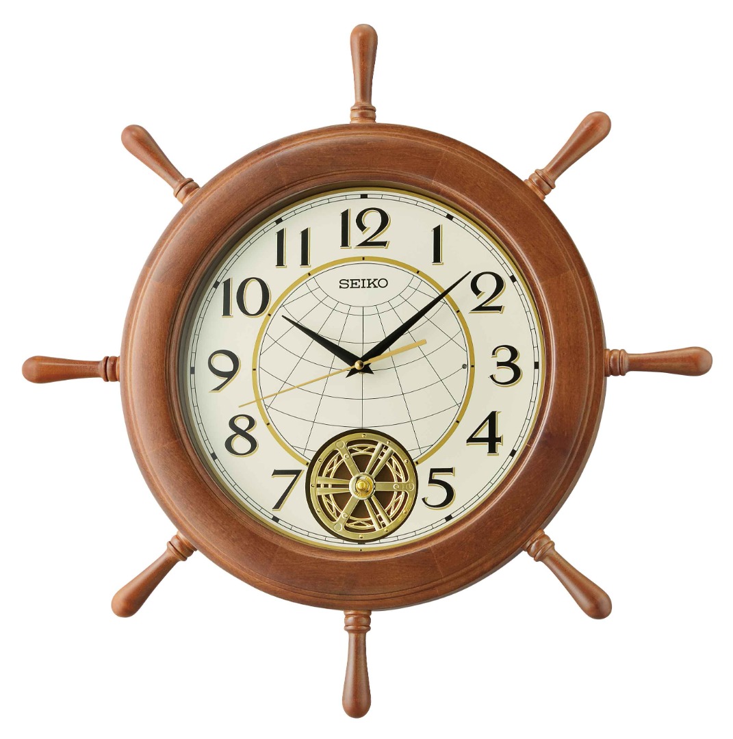 Seiko Clock QXC242B Maritime Ship Wheel Design Wooden Case Rotating ...