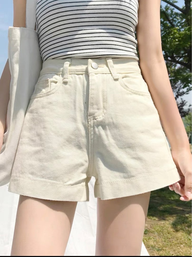 Cream Denim Shorts, Women's Fashion, Bottoms, Shorts on Carousell