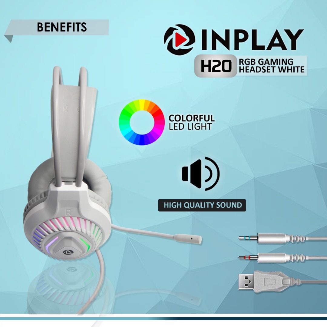 INPLAY H20 WHITE RGB GAMING HEADSET, 1.5-meter WIRED CABLE HEAVY DUTY ...
