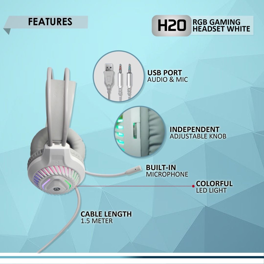 INPLAY H20 WHITE RGB GAMING HEADSET, 1.5-meter WIRED CABLE HEAVY DUTY ...