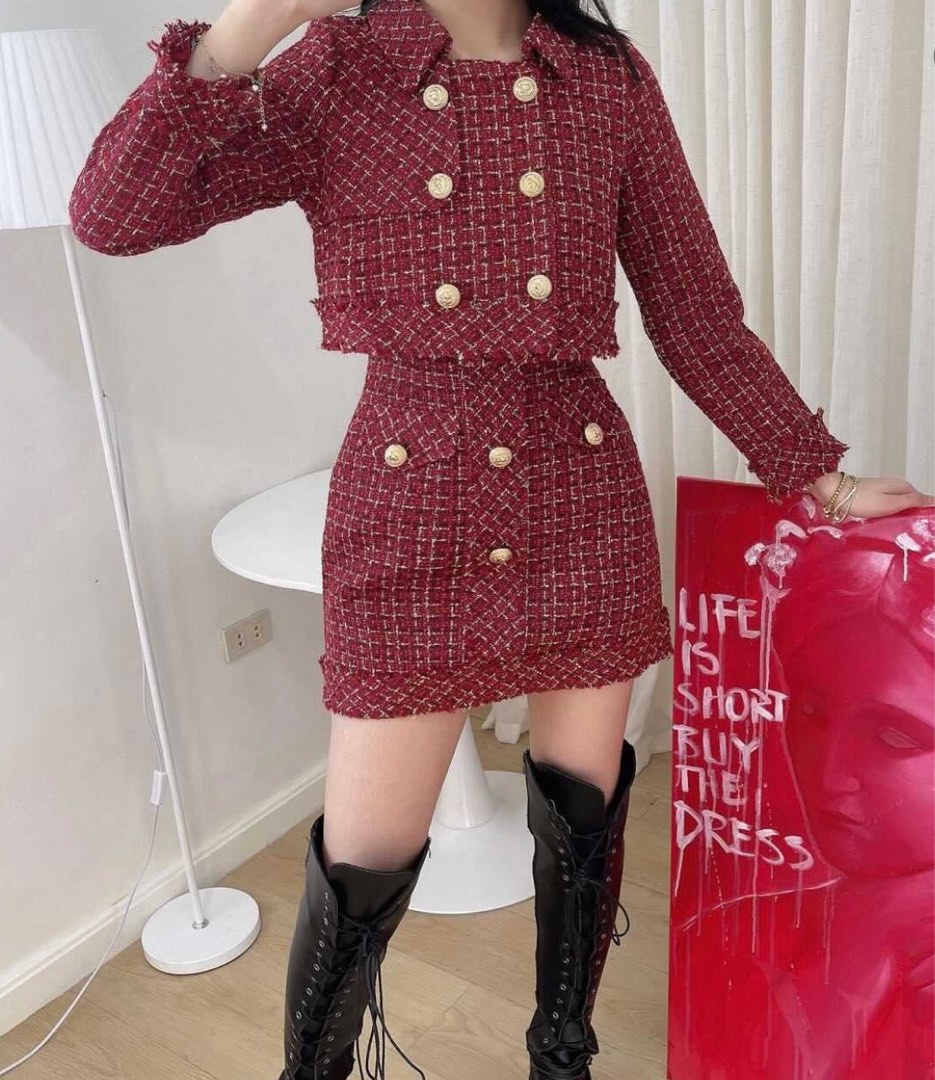 Red coordinates set terno long sleeve mini skirt dress, Women's Fashion ...