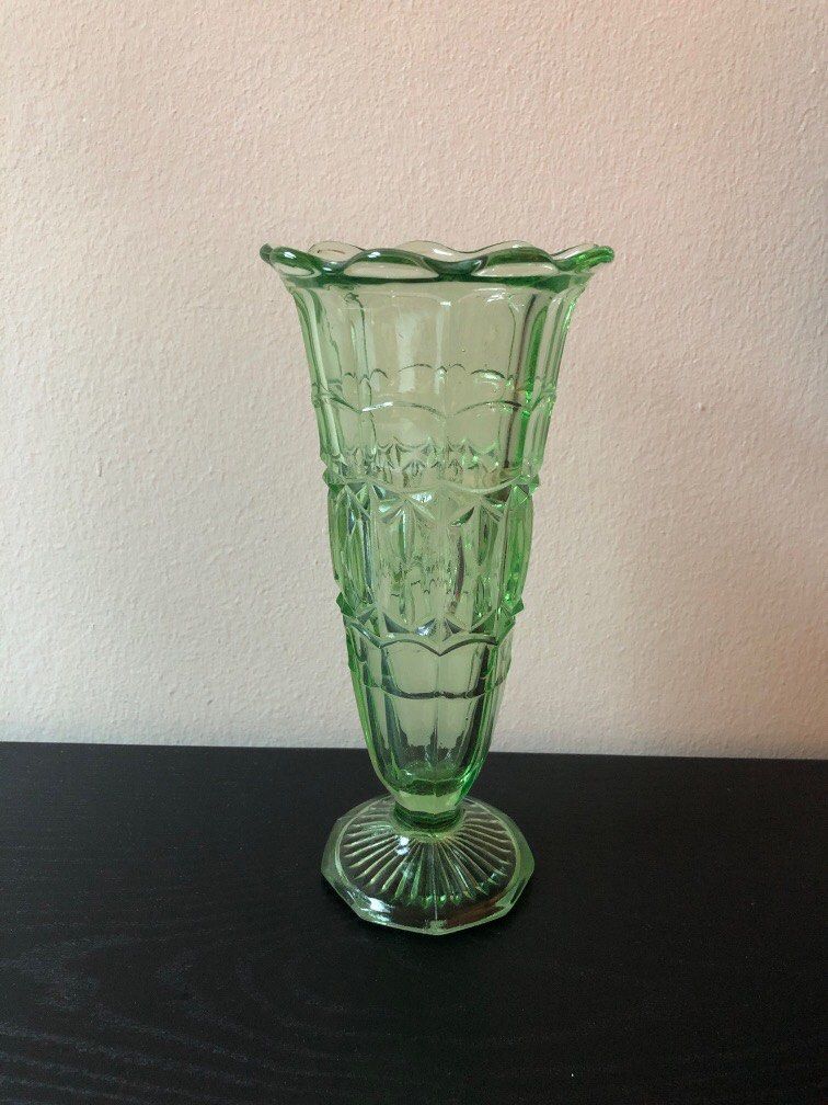 Vintage Green Depression Glass Vase, Furniture & Home Living, Home ...