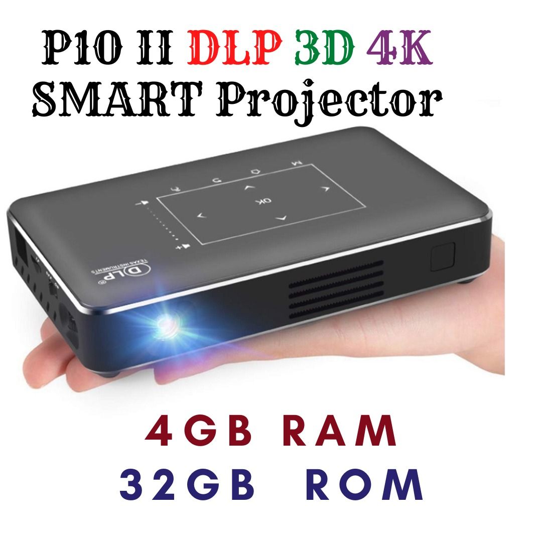 P10 II Smart DLP 3D 4K Projector 4GB RAM 32GB ROM Android 9 WiFi Bluetooth 4 Portable Movie Home ...