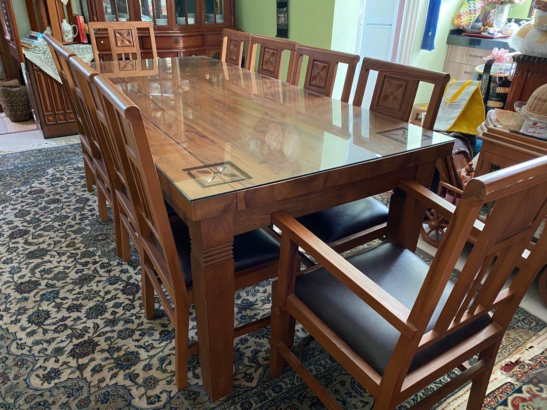 Set Meja Makan Jati 10 Seater, Furniture & Home Living, Furniture ...