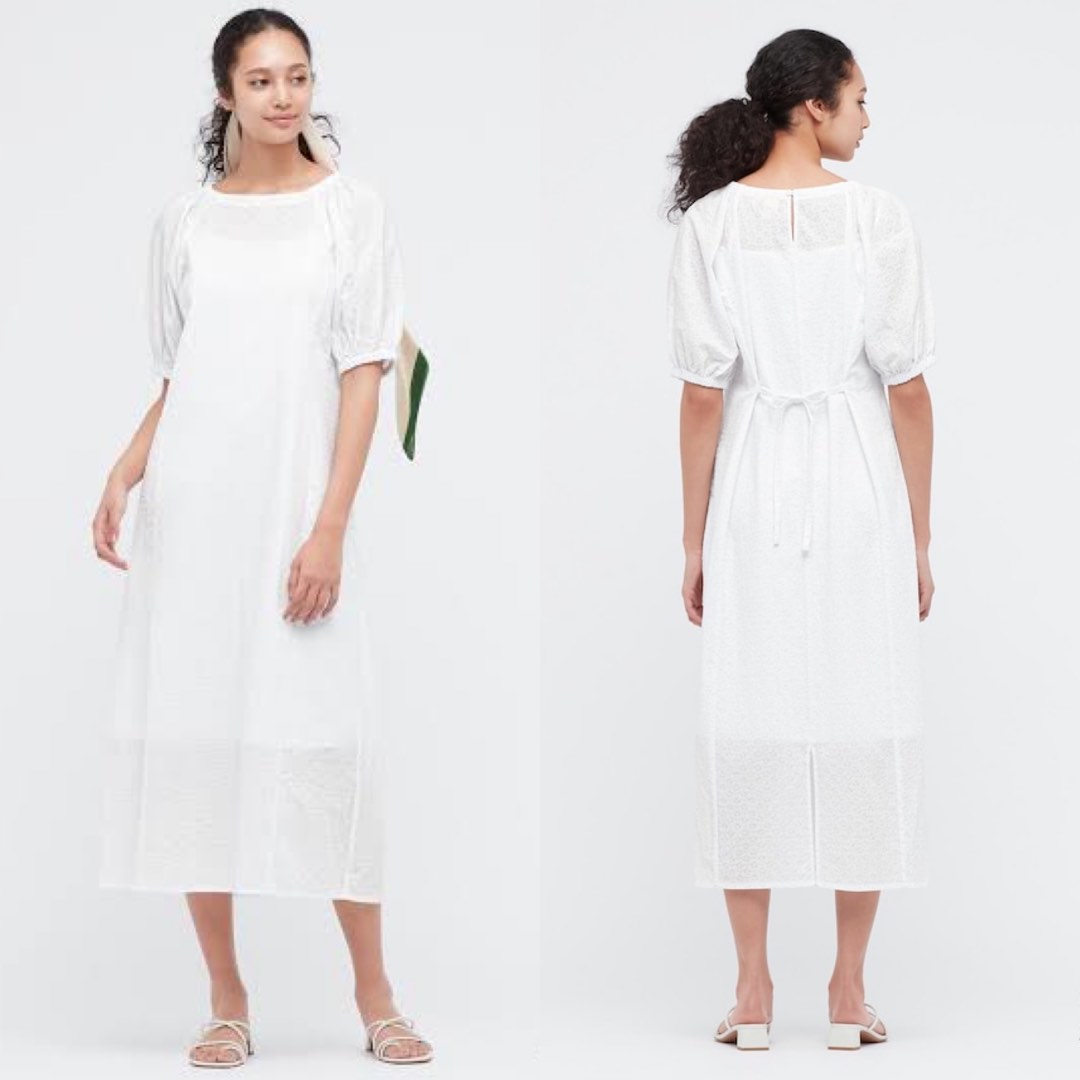 Uniqlo Classy White Puff Sleeves Dress Back Tie, Women's Fashion ...