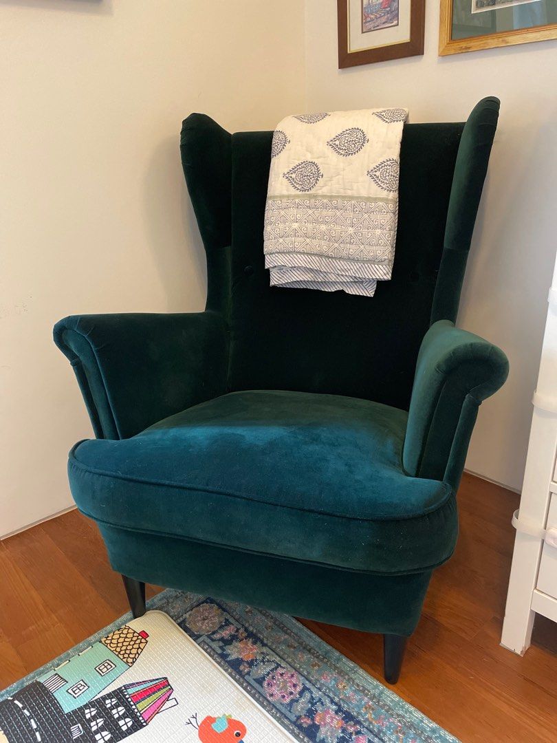 IKEA Strandmon dark green velvet armchair, Furniture & Home Living ...