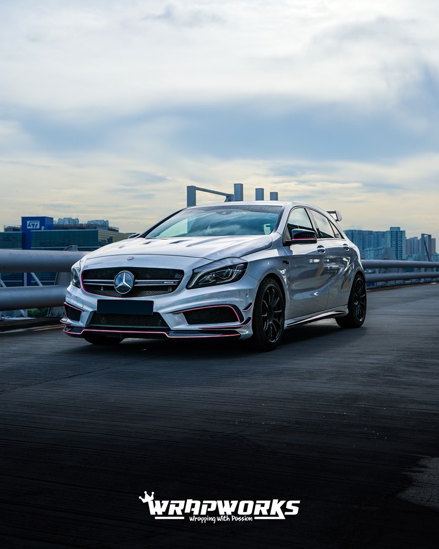Mercedes A45 full wrap with Psychedelic metallic white with pink strips ...