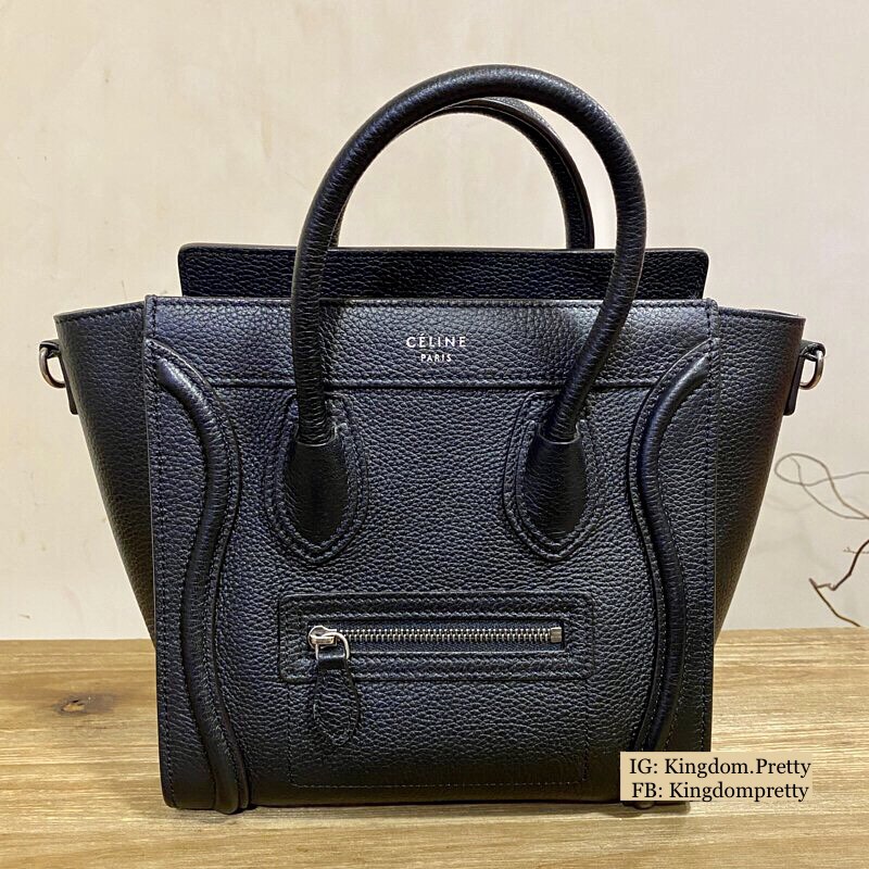 Pre-order Celine Nano Size Luggage Black Drummed Leather Old Logo with Strap Silver Hardware SHW ...