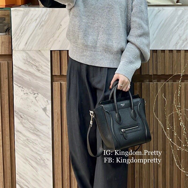 Pre-order Celine Nano Size Luggage Black Drummed Leather Old Logo with Strap Silver Hardware SHW ...