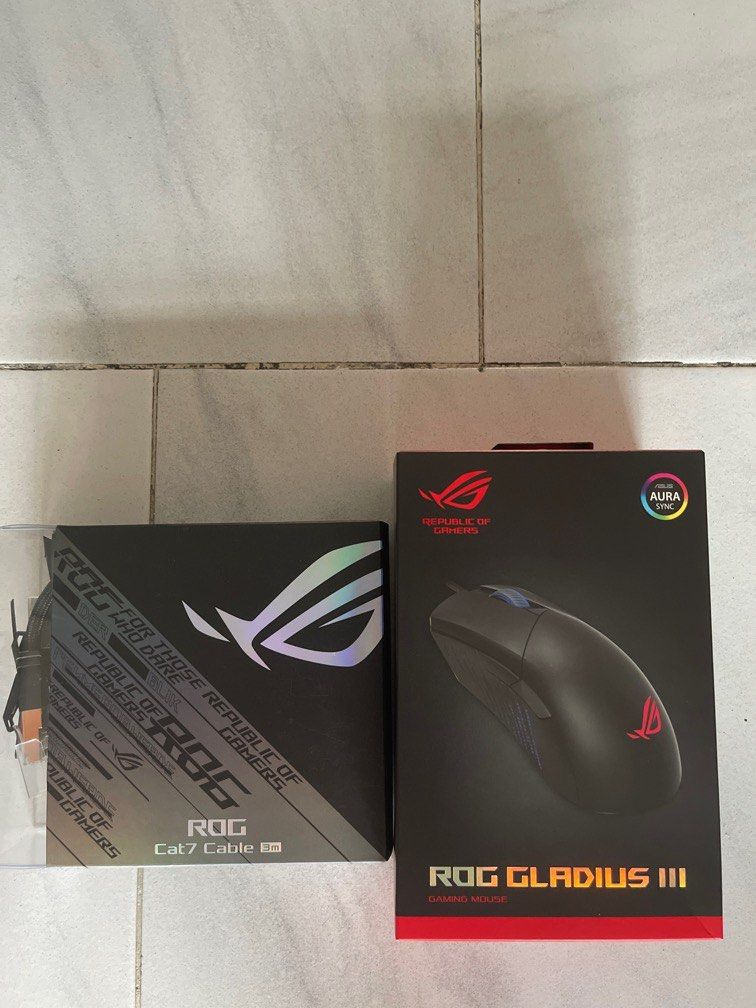 ROG gladius III mouse and ROG cat7 cable 3m, Computers & Tech, Parts ...