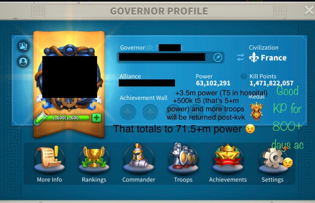 Rise of Kingdom ROK 70m fighter ac. Strong equipment! Gd stats! Good ...