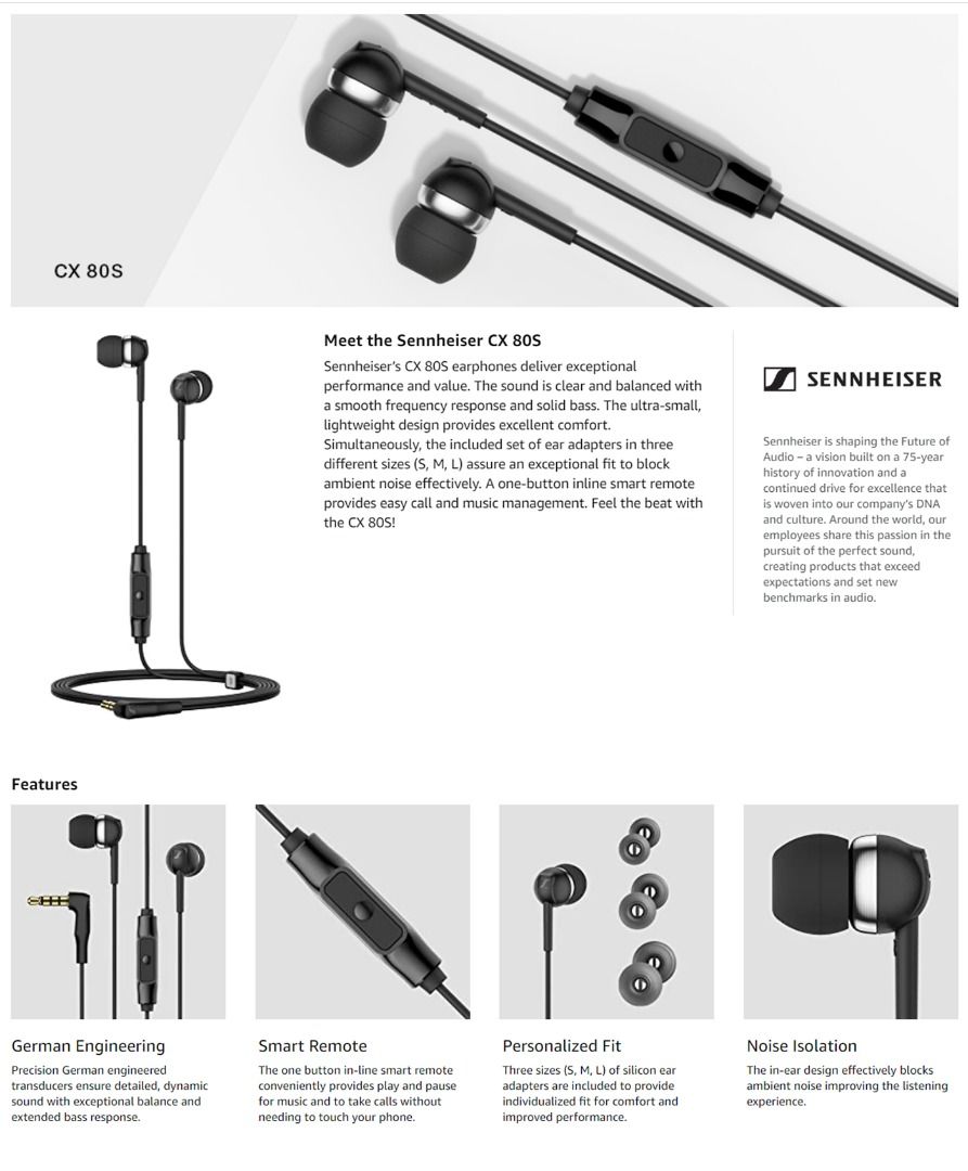 Sennheiser CX 80S Earphones with Mic (Black), Audio, Earphones on Carousell