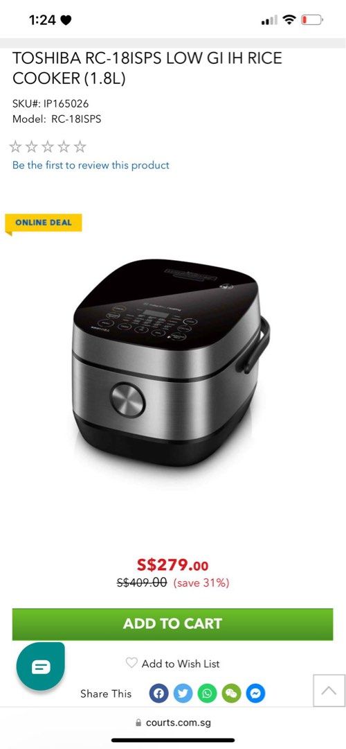 TOSHIBA RC-18ISPS LOW GI IH RICE COOKER (1.8L), TV & Home Appliances ...