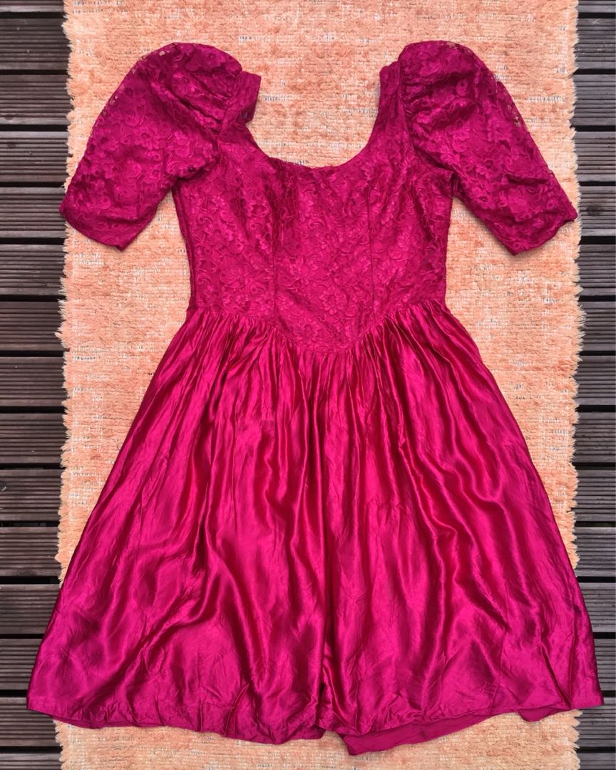 Vintage fuschia silky lace bodice puffsleeve gown, Women's Fashion ...