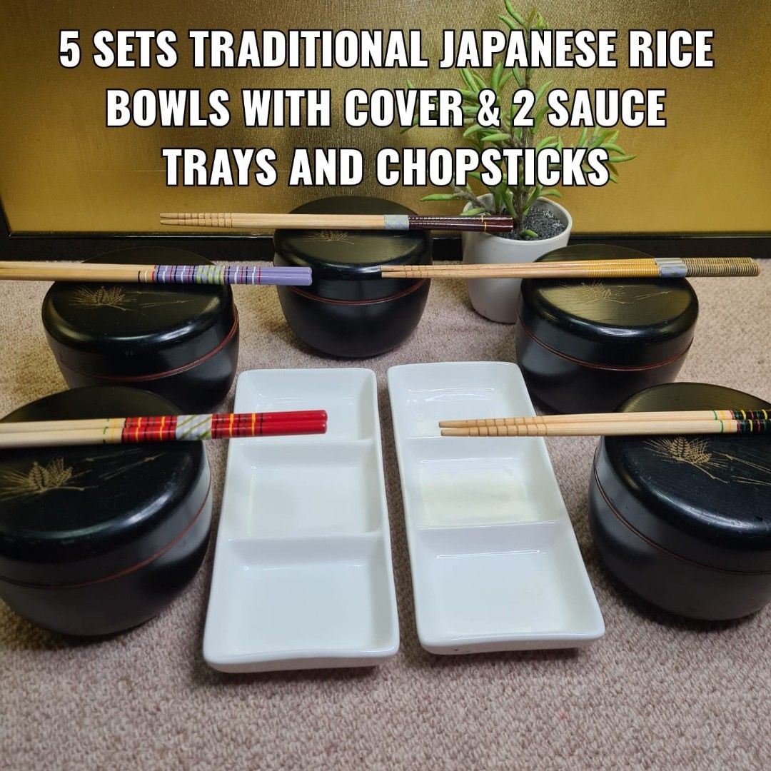 5 SETS TRADITIONAL JAPANESE RICE BOWLS WITH COVER & 2 SAUCE TRAYS AND ...