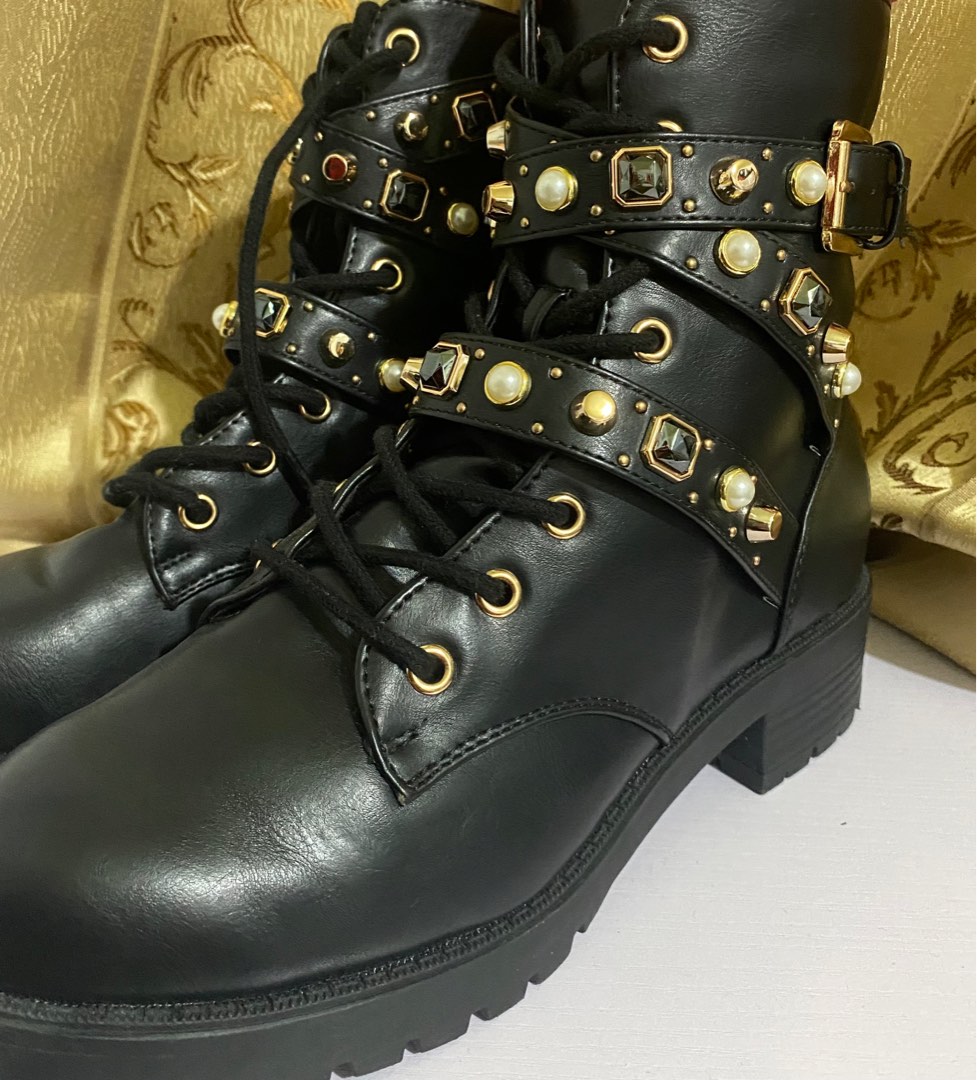 Bedazzled Strap Boots, Women's Fashion, Footwear, Boots on Carousell