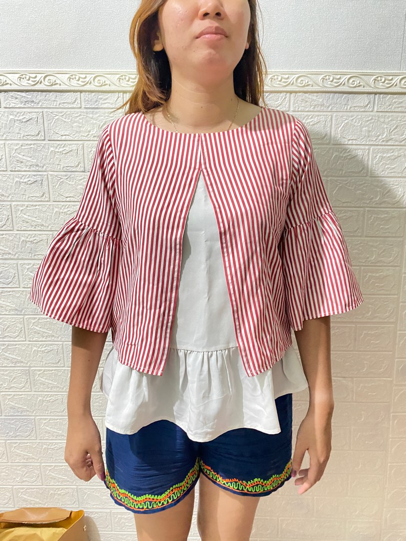 Blouse bumil garis garis merah putih, Fesyen Wanita, Pakaian Wanita ...