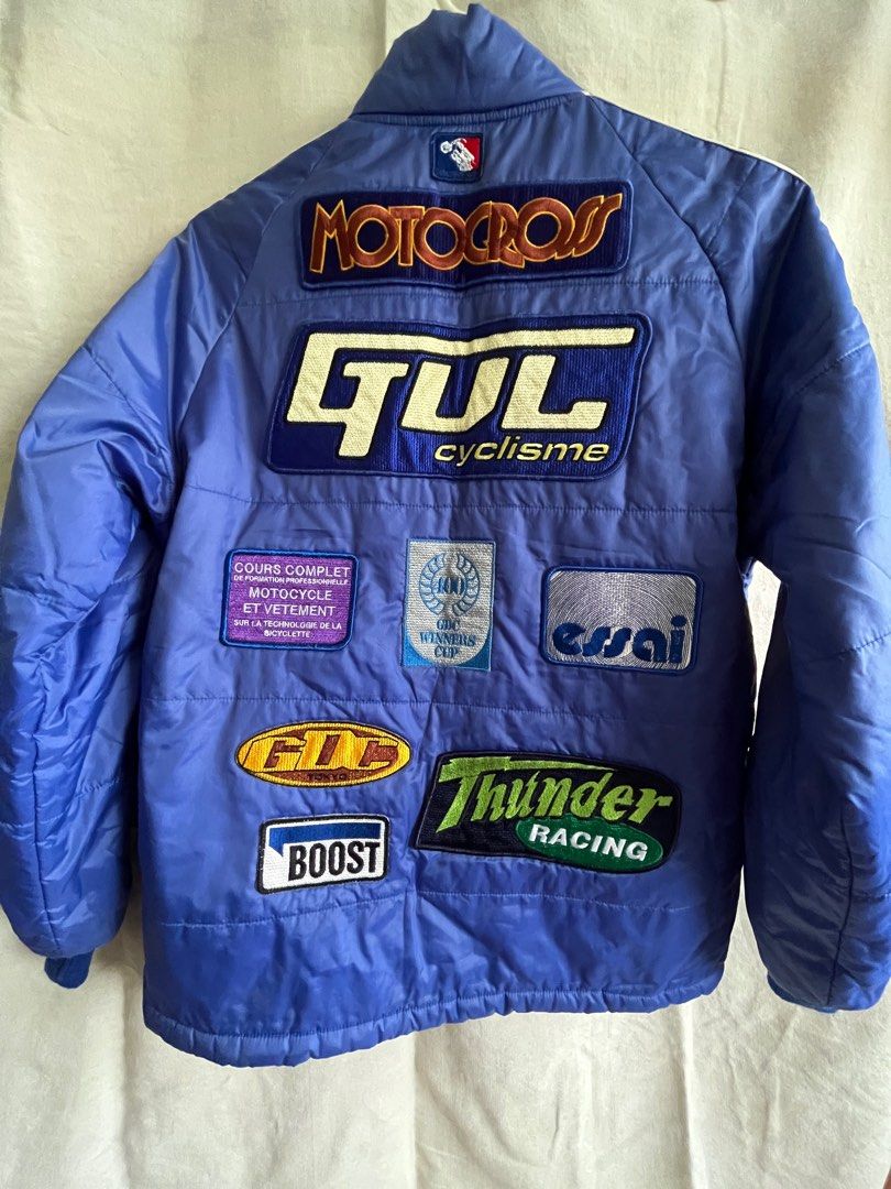 Blue patchwork motorcycle/puffer jacket vintage, Men's Fashion, Coats ...
