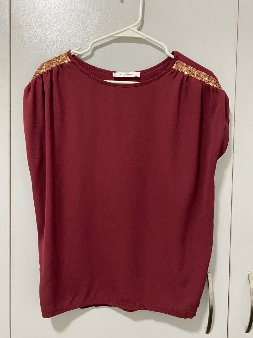 Promod maroon sequined shoulder top, Women's Fashion, Tops, Blouses on ...