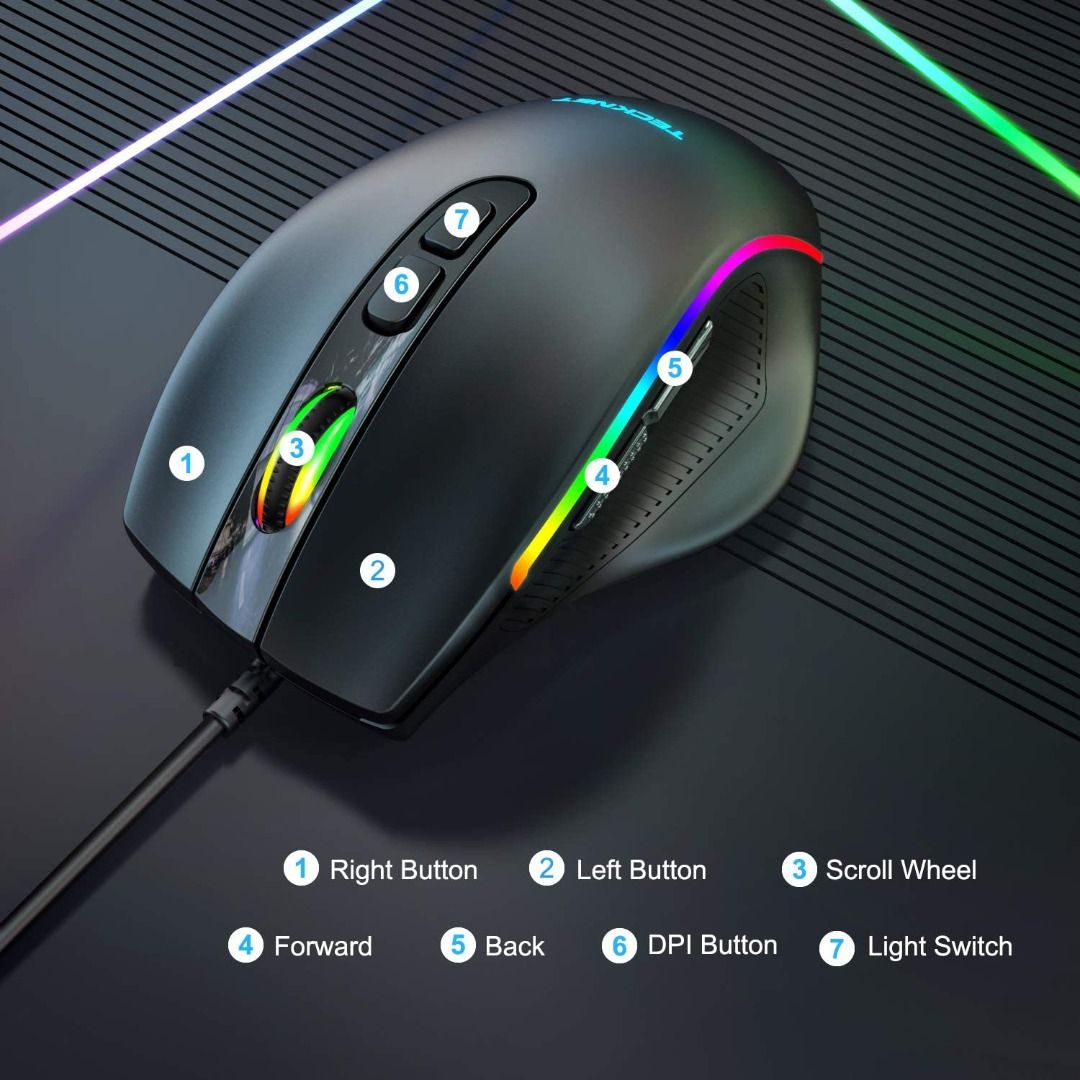 TECKNET Wired Gaming Mouse, RGB Mouse with Breathing LED,Programmable Computer Mice, Ergonomic ...