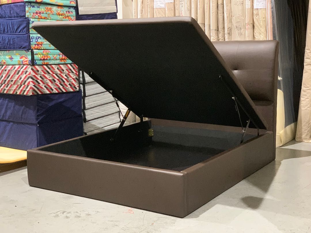 Walnut PVC Queen Hydraulic Storage Bedframe, Furniture & Home Living ...