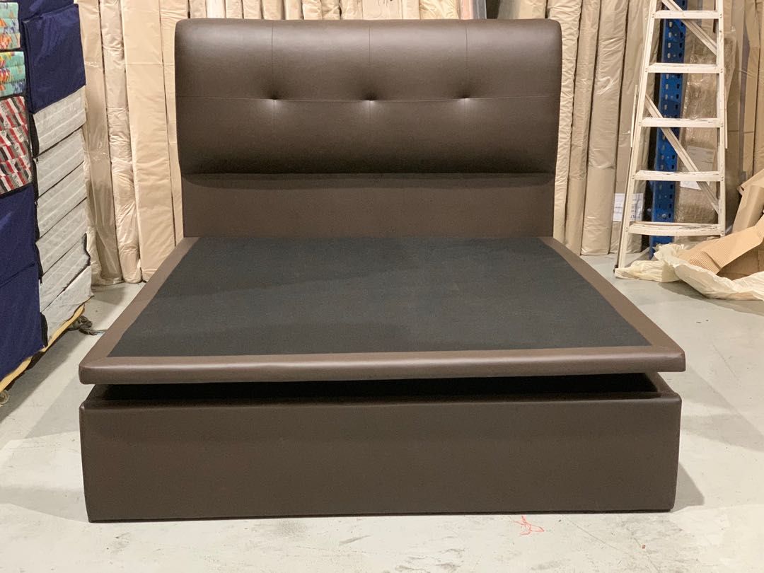 Walnut PVC Queen Hydraulic Storage Bedframe, Furniture & Home Living ...