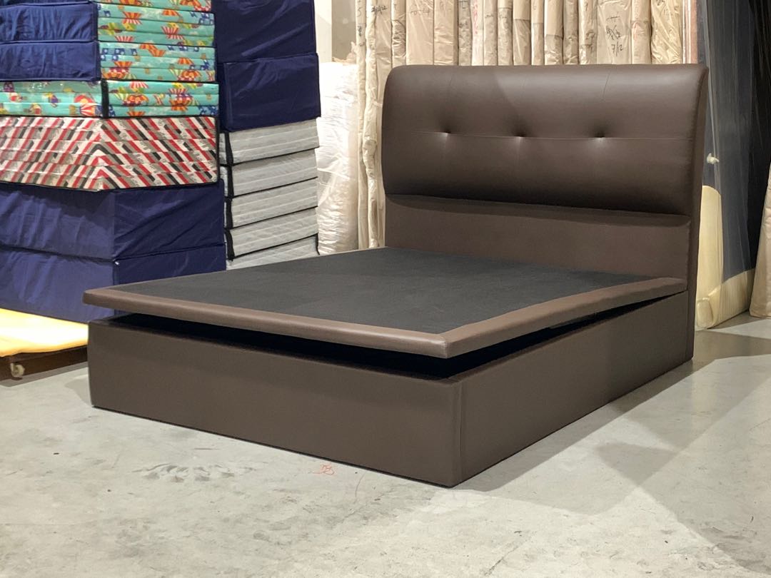 Walnut PVC Queen Hydraulic Storage Bedframe, Furniture & Home Living ...