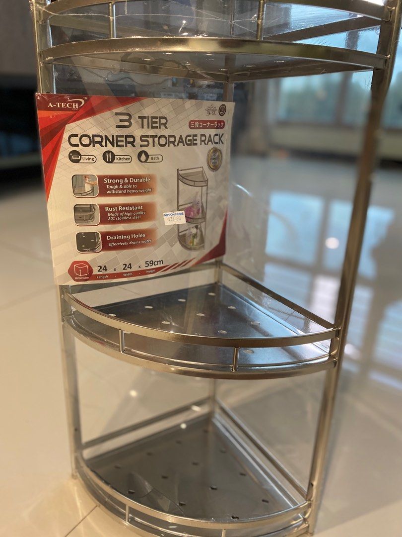 3 Tier Corner Storage Rack (Stainless Steel), Furniture & Home Living ...