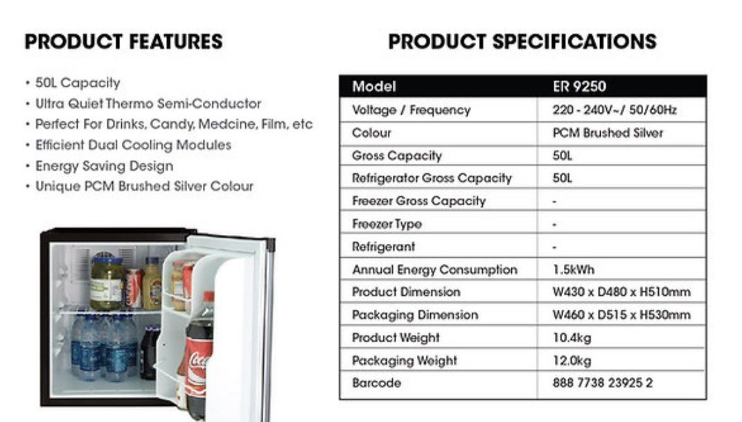 Brand New! EuropAce 50l Mini Bar Fridge ER9250, TV & Home Appliances ...