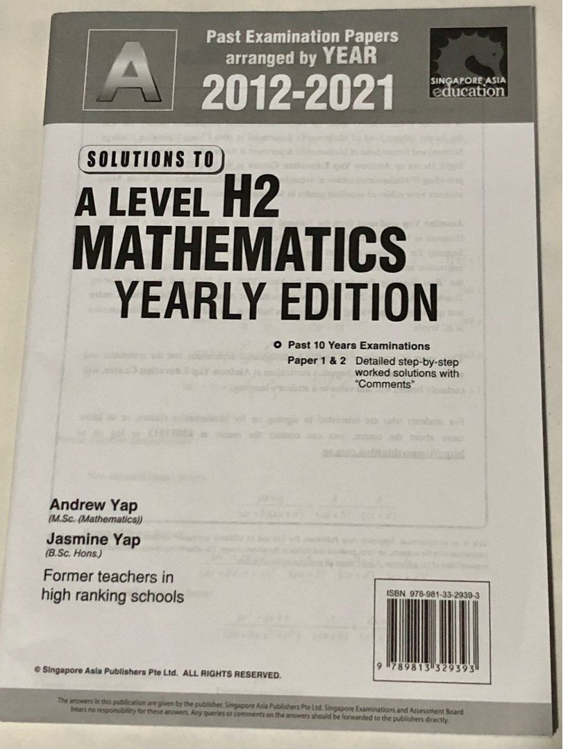 H2 Maths ALEVEL TYS ten-year series 2012 to 2021 yearly exam questions with answer key, Hobbies ...