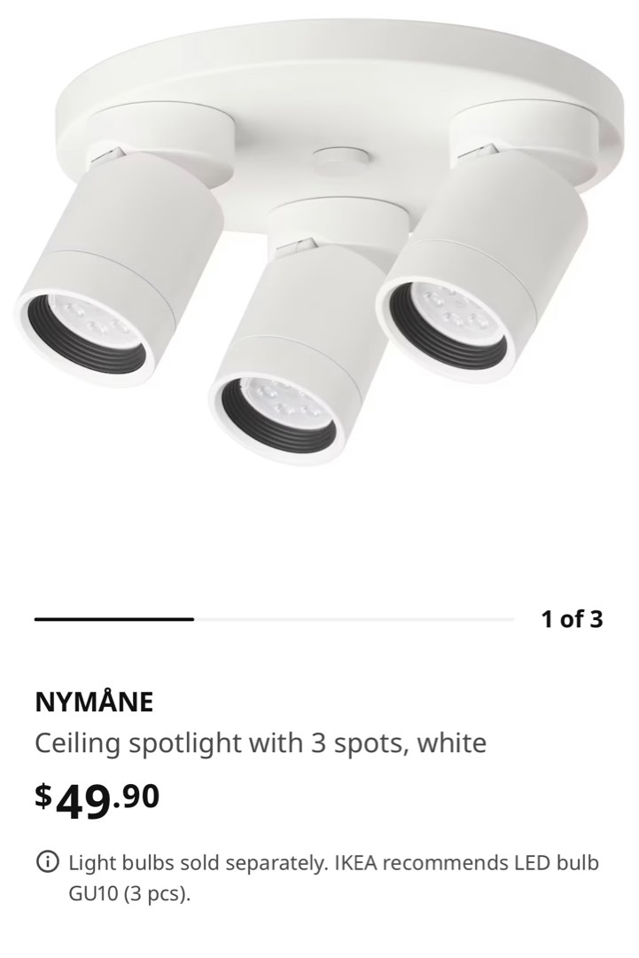 IKEA CEILING SPOTLIGHT WITH 3 SPOTS, WHITE, Furniture & Home Living ...
