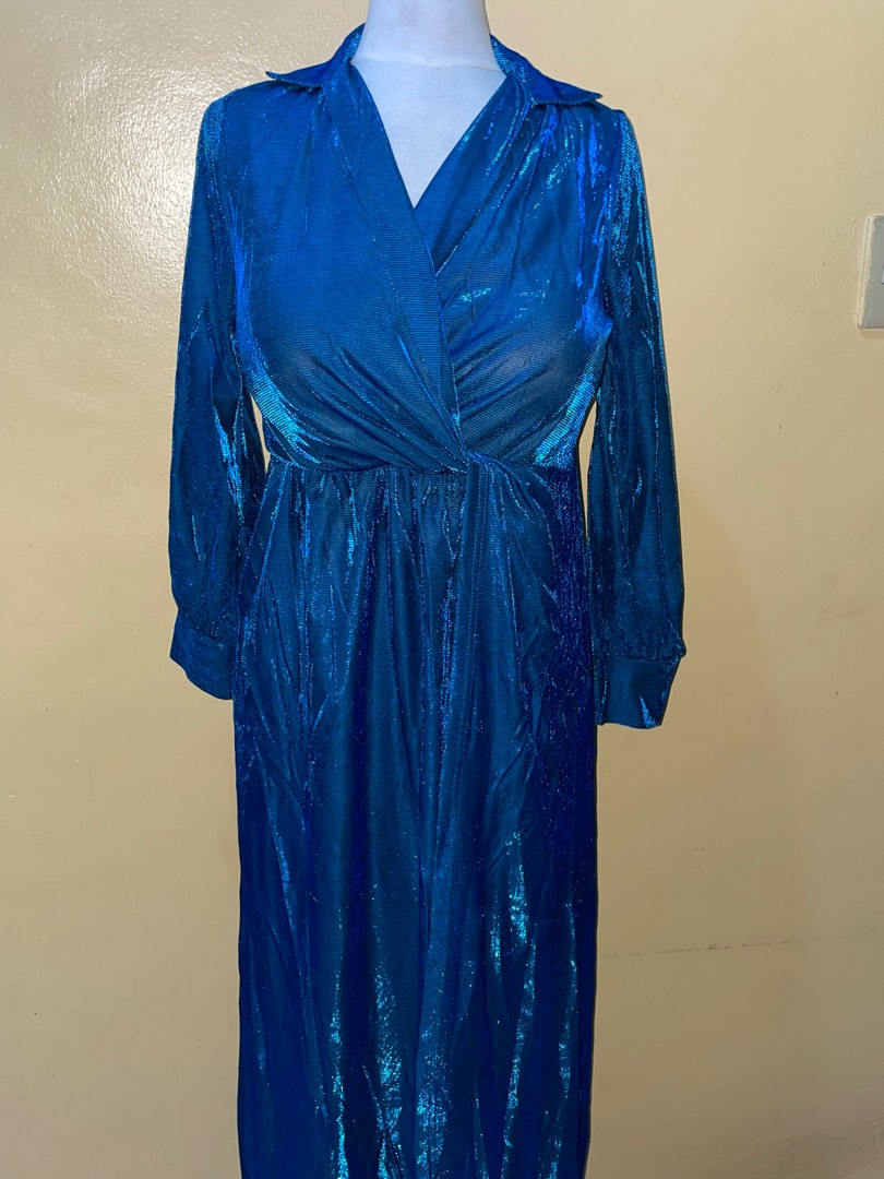 Shiny blue overlap a-line long dress us12 bloomchic, Women's Fashion ...