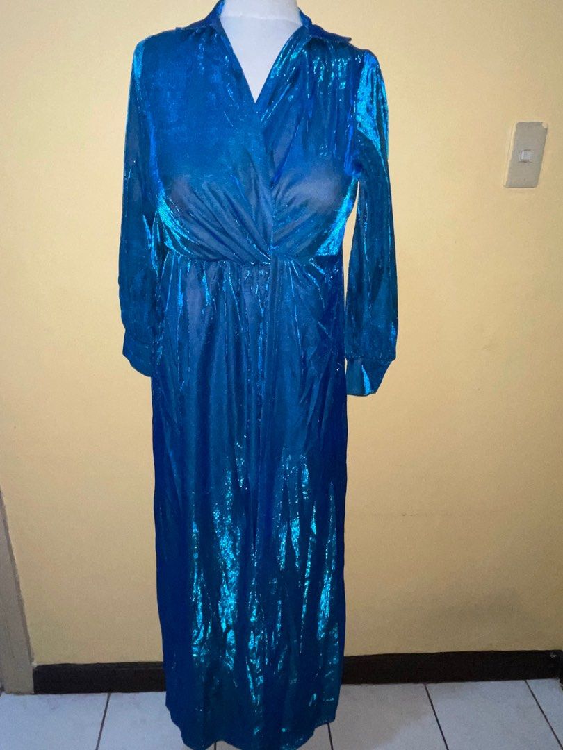 Shiny blue overlap a-line long dress us12 bloomchic, Women's Fashion ...