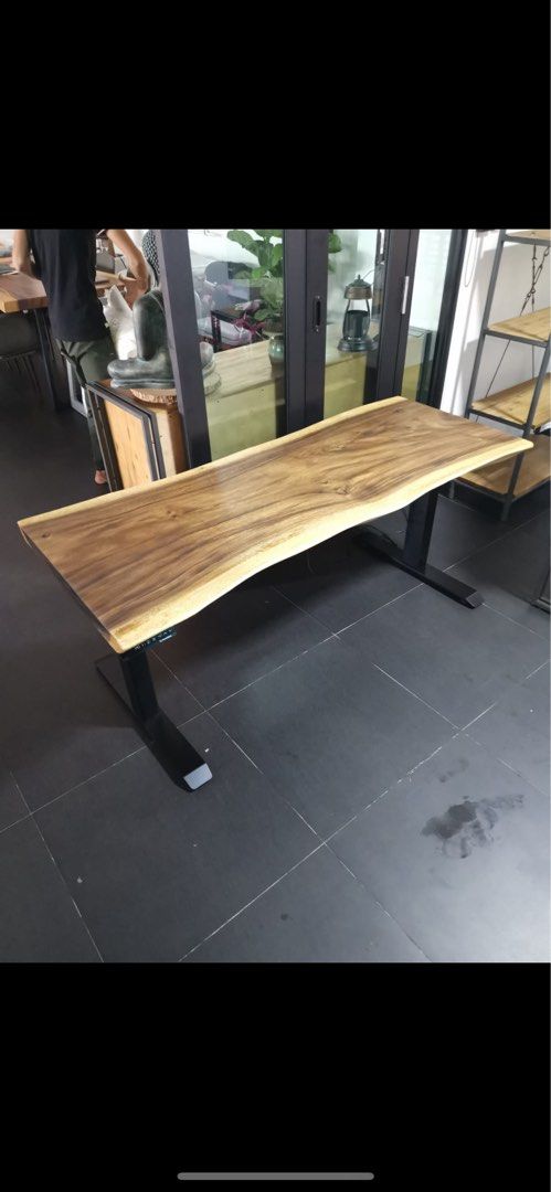 Single slab solid wood electric height adjustable desk sit stand table ...