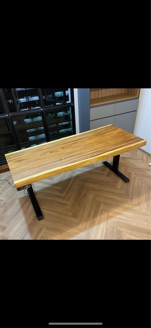 Single slab solid wood electric height adjustable desk sit stand table ...