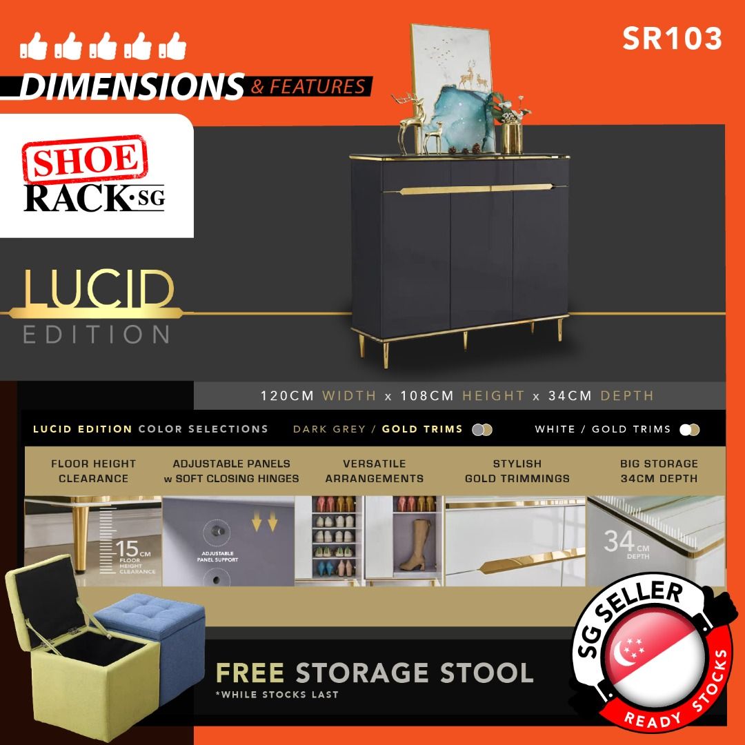 [FULLY ASSEMBLED] SR-103 LUCID Edition [GREY / GOLD] Shoe Rack / Shoe ...