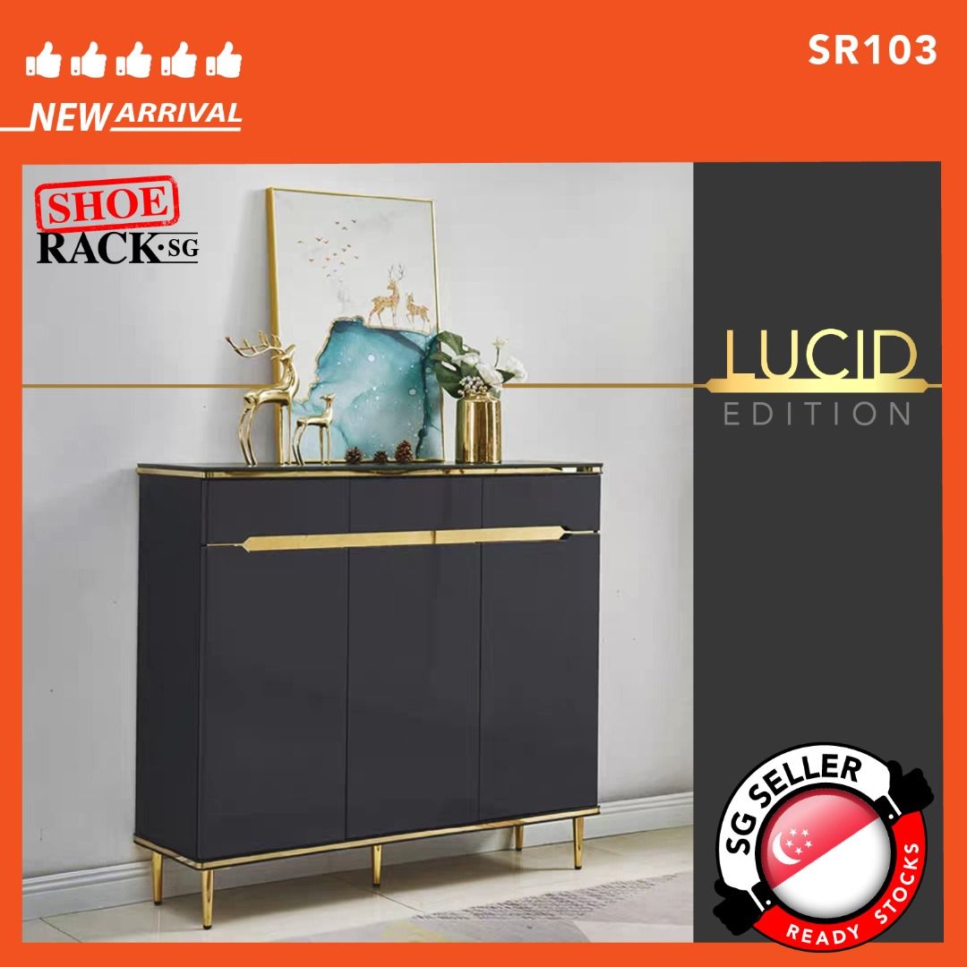 [FULLY ASSEMBLED] SR-103 LUCID Edition [GREY / GOLD] Shoe Rack / Shoe Cabinet / Shoe Shelves ...