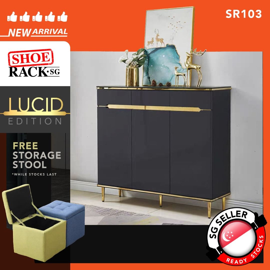 [FULLY ASSEMBLED] SR-103 LUCID Edition [GREY / GOLD] Shoe Rack / Shoe Cabinet / Shoe Shelves ...