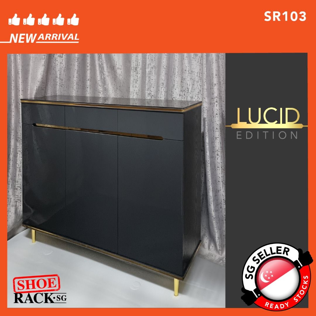 [FULLY ASSEMBLED] SR-103 LUCID Edition [GREY / GOLD] Shoe Rack / Shoe Cabinet / Shoe Shelves ...